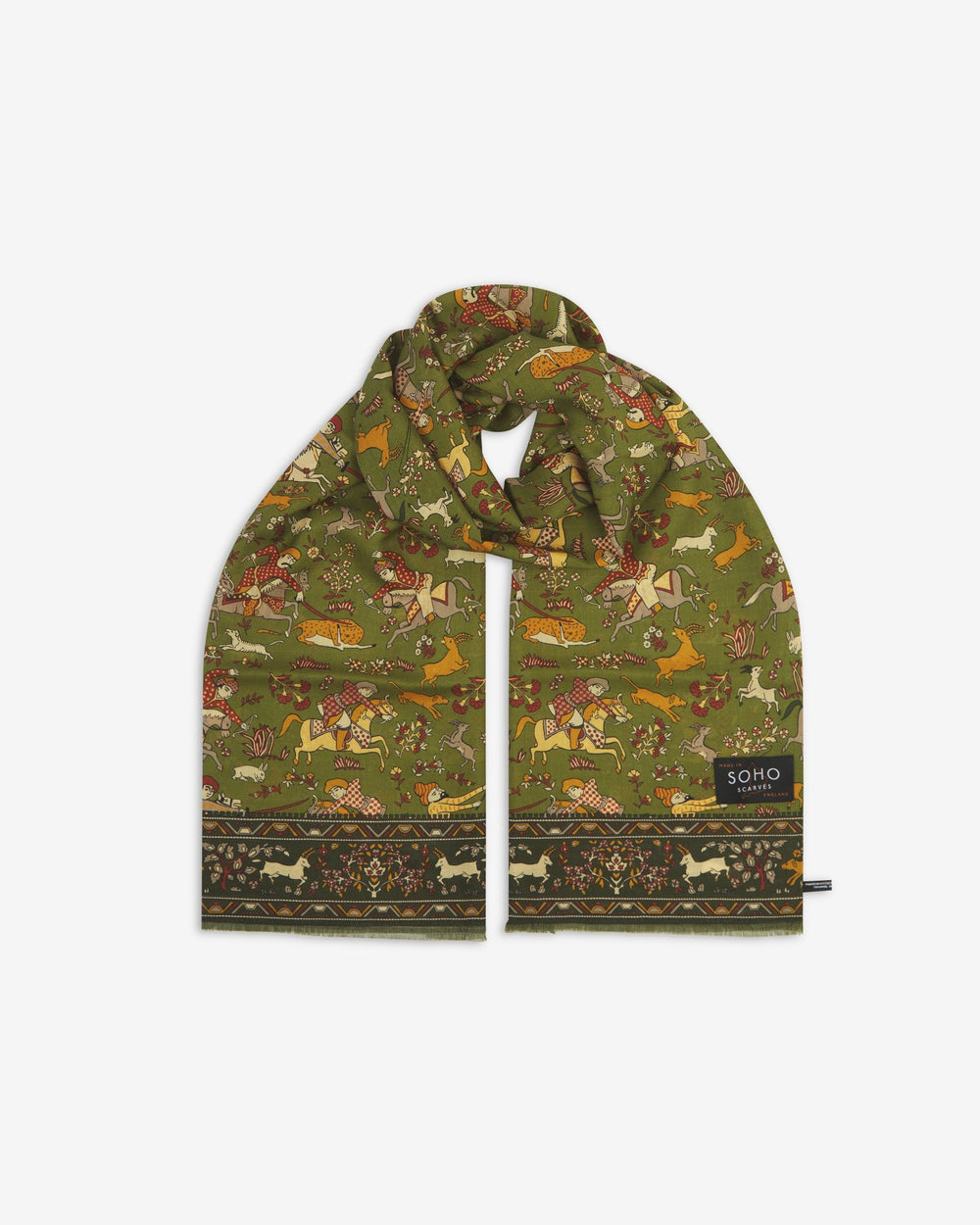 UK Silk-Wool Scarf - Hunters in Olive Green | Soho Scarves