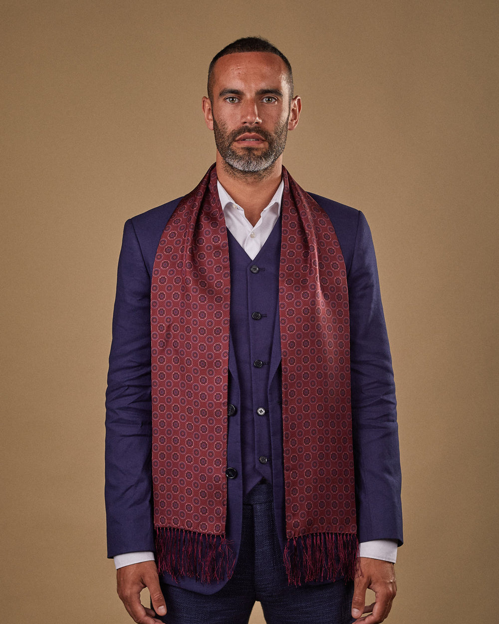 Silk Aviator Scarf | Burgundy & Blue Geometric | The Seattle